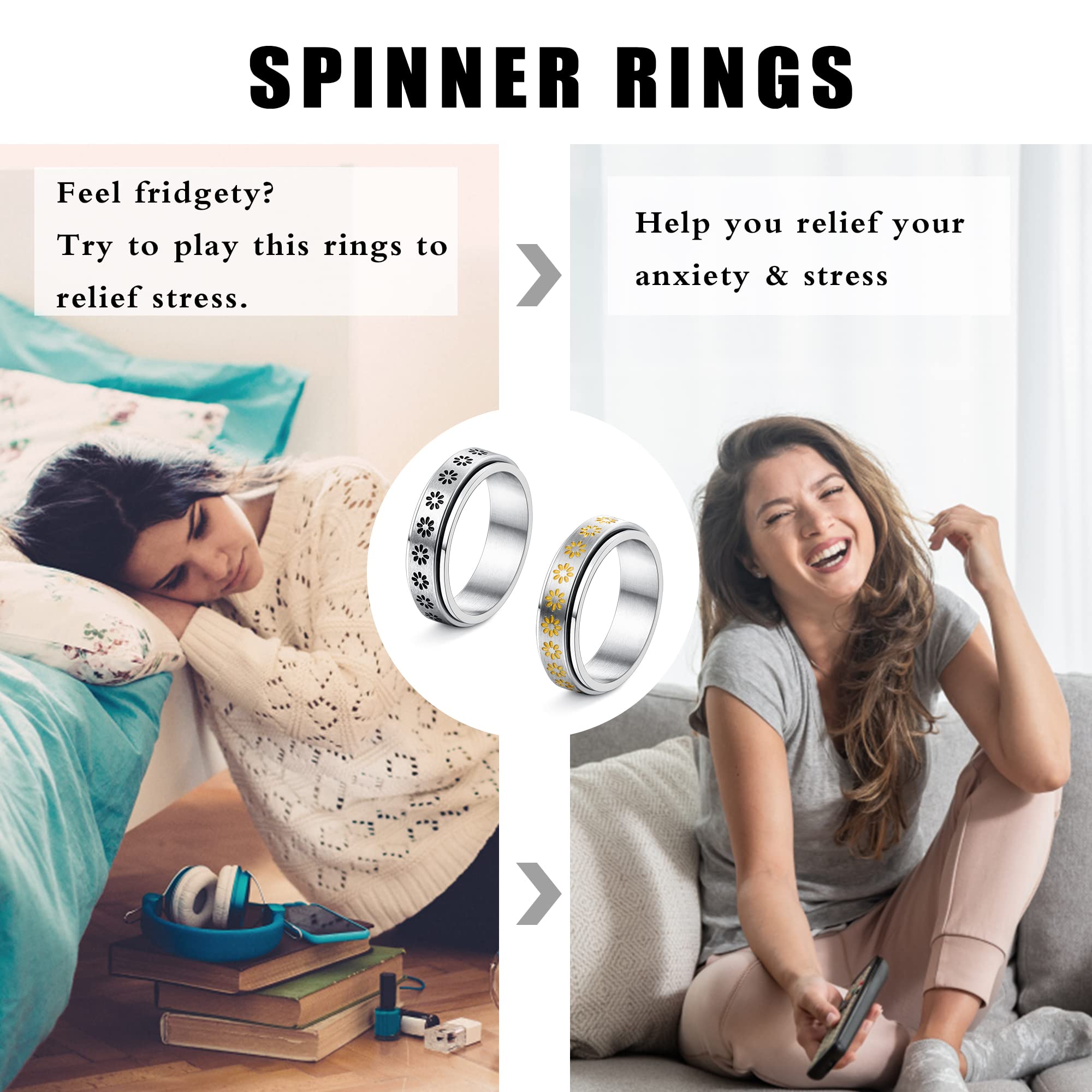 ADRAMATA Fidget Rings for Anxiety for Women Men Stainless Steel Meditation Rotatable Ring Gold&Black Star Moon Phase Daisy Anxiety Ring Spinner Ring Set 2PCS