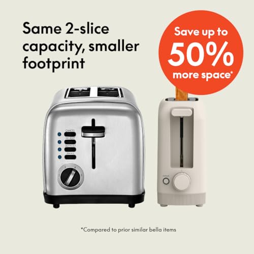 bella 2 Slice Slim Toaster, Fits-anywhere™ Kitchenware, 6 Setting Shade Control with Reheat & Cancel Buttons, Removable Crumb Tray, 10” Long Slot, Anti Jam & Auto Shutoff, 900 Watt, Oatmilk