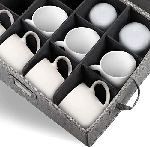 China Storage Containers for Mugs and Cups | 12 Slot Teacup Storage with Lid and Handles | Hard Fabric China Chest and Storage Box for Moving, Coffee