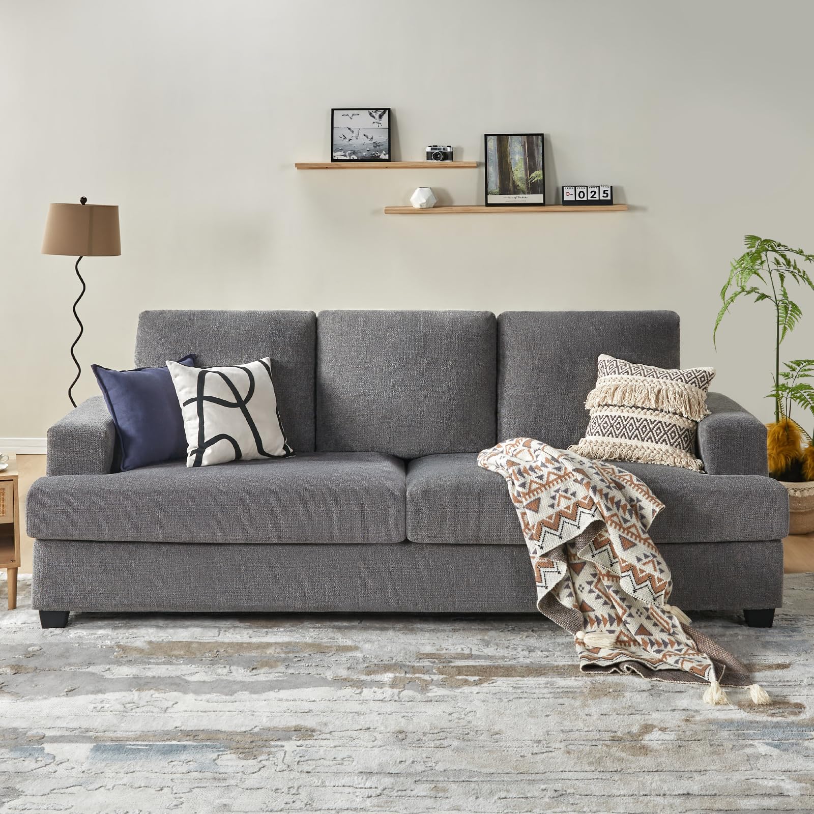 Merluxy Sofa, 97 Inch Deep Seat Sofa in Grey Chenille, 3 Seater Sofa with Square Armrest, Modern Couch for Living Room, Apartment