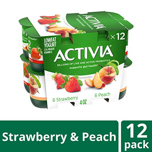 ACTIVIA Probiotic Lowfat Yogurt, Variety Pack, Peach & Strawberry, Non-GMO Project Verified, 4 Oz, Pack of 12