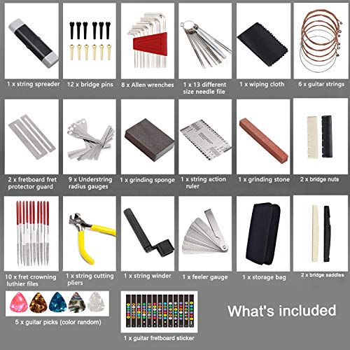 72PCS Guitar Tool Kit,Professional Guitar Repairing Maintenance Tool Kit with Guitar Strings Picks Bridge Pins Gauge Guitar Accessories Gift for Acoustic Guitar Electric guitar Ukulele Bass Banjo