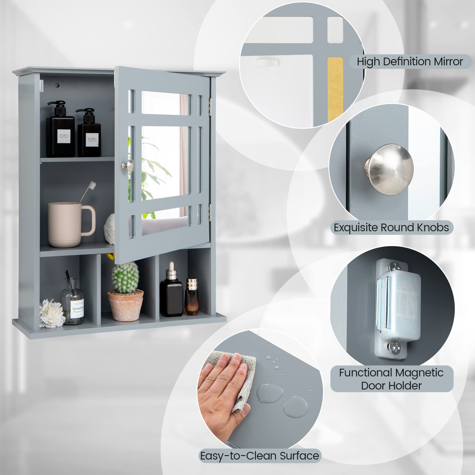 LOKO Bathroom Medicine Cabinet with Mirror, Small Bathroom Cabinet Wall Mounted with Single Mirrored Door & Adjustable Shelf, Bathroom Wall Cabinet, 19 x 6.5 x 23.5 inches (Grey)