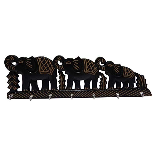 S.B.ARTS Wooden Key Holder- Triple Elephant Design-Black Color Key Hangers-Wooden Key Holder-Wall Key Holders-Key Hook-Home Decor Item-Key Organiser-Antique Look-Vintage Design-Length - 14 Inch