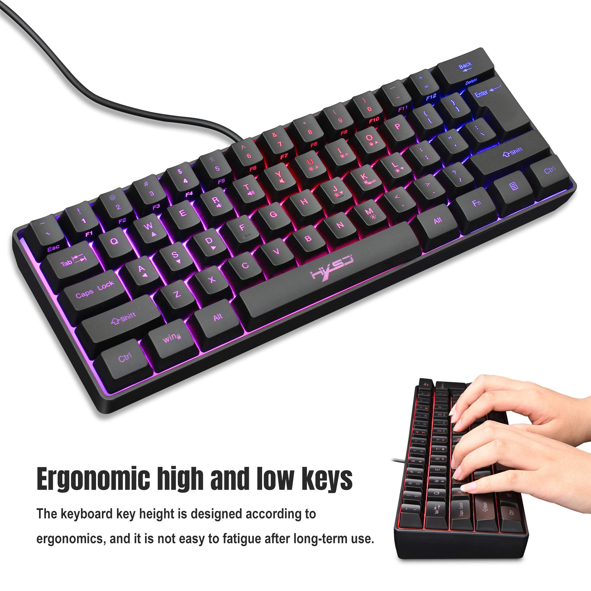 60% Wired Gaming Keyboard and Mouse Combo,RGB Backlit Ultra-Compact Mini 61 Keys Mechanical Feel Keyboard,RGB Backlit 2400 DPI Lightweight Gaming Mouse with Honeycomb Shell for PC/Mac (Black)