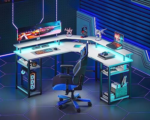 Coleshome L Shaped Gaming Desk with LED Lights & Power Outlets, Reversible 56" Computer Desk with Full Monitor Stand & Storage Shelves, Ergonomic Home Office Corner Desk, White
