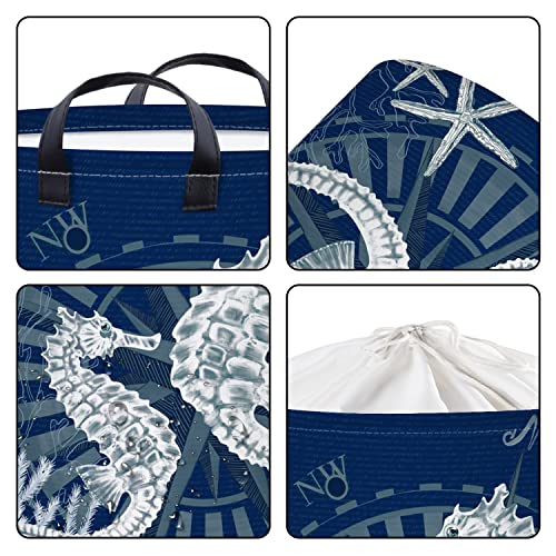 Clastyle 45L Waterproof Blue Seahorse Laundry Baskets for Clothes Collapsible Animal Storage Laundry Hamper with Drawstring, 14.2 * 17.7 in
