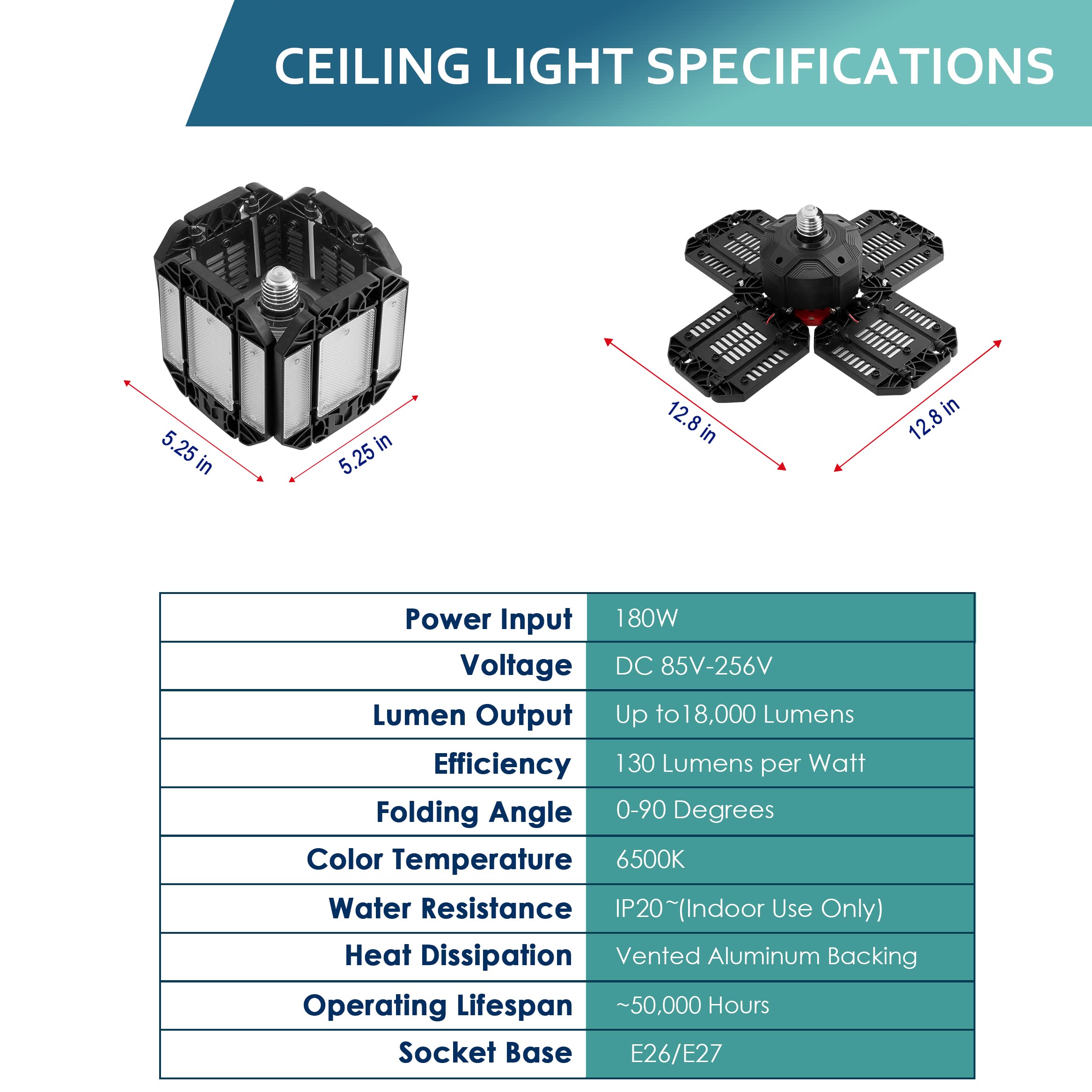 Asani LED Garage Light - Super Bright 1800 Lumen LED Ceiling Light with 12 Adjustable Panels - Easily Screws Into Standard E27 Bulb Socket - LED Shop Lights for Workshop, Barn, Storage - 180W (Bright)