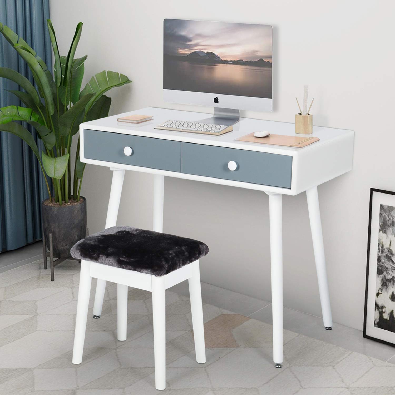 AILEEKISS Writing Computer Desk with 2 Storage Drawers Desk and Chair Set Student Study Reading Workstation Makeup Vanity Desks with Stool for Bedroom Home Office (White&Grey)