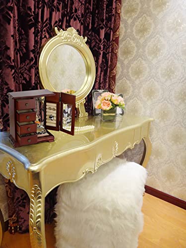 RR ROUND RICH DESIGN Solid Wooden Jewelry Box Makeup and Organizer Women Ring Storage with 4-Drawers Built-in Necklace Carousel and Mirror Brown