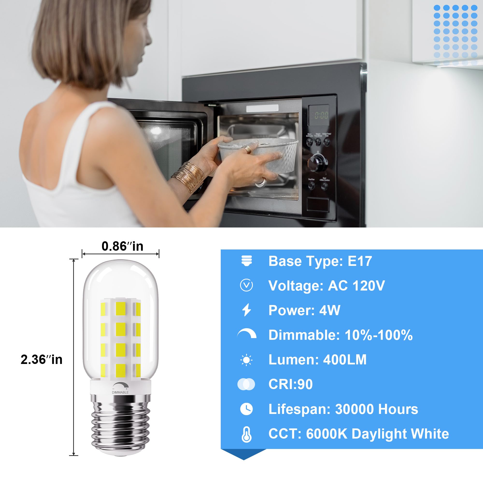 winshine Microwave Light Bulbs Under Hood, Dimmable E17 LED Bulb, 3000K Warm White, 40 Watt Appliance Bulb for Refrigerator, Range Hood, Stove Hood, Oven Light Bulb 4W, 400LM, CRI 90, 2 Pack