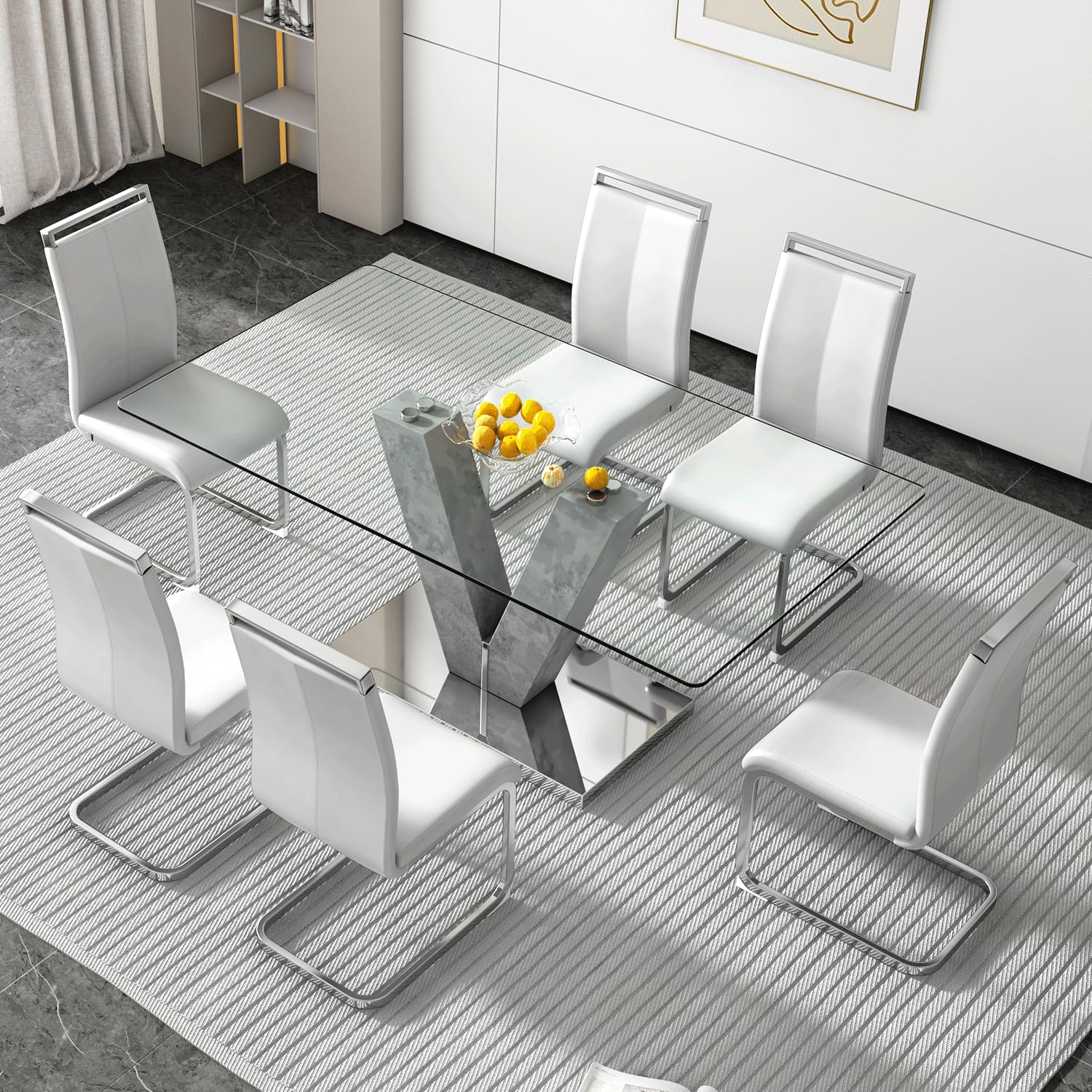 7 Piece Glass Dining Table Set,Kitchen Table and Chairs for 6,Modern Kitchen Table with 6 PU Leather Dining Chairs.71''Rectangular Dinner Table Set Ideal for Living Room