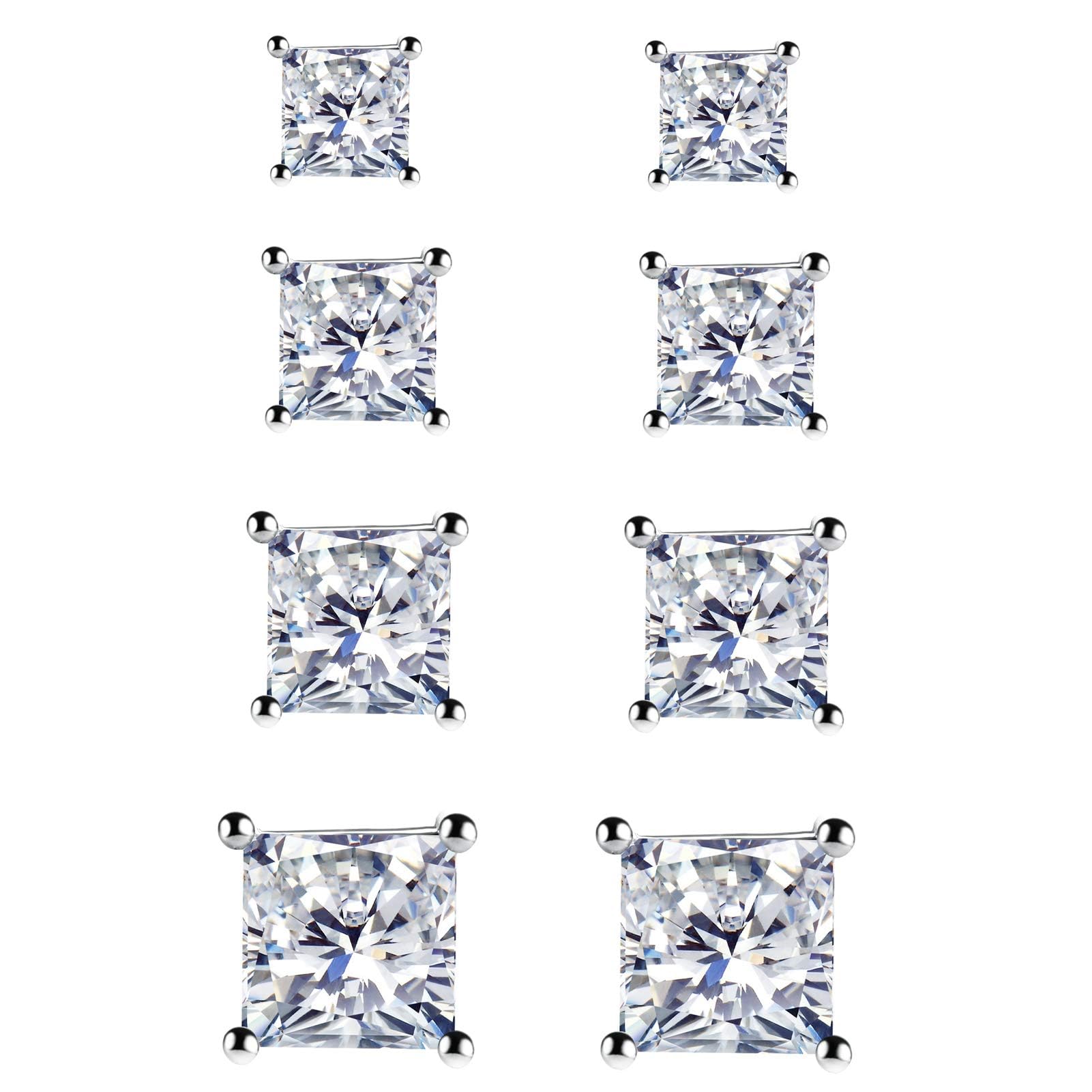 925 Sterling Silver Stud Earrings, 4 Pair Square Cubic Zirconia Stud Earring for Women Men 3 4 5 6mm