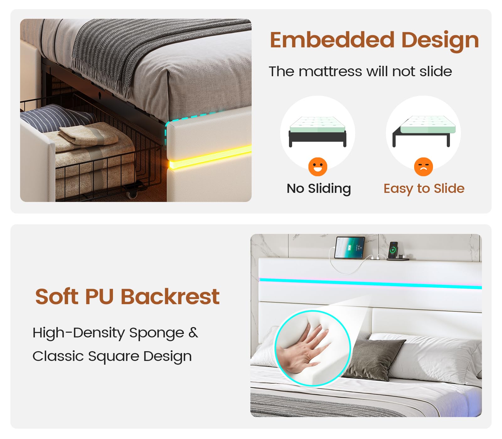 AOGLLATI Twin Bed Frames with 4 Storage Drawers & Headboard, Led Bed Frame Twin with Charging Station, Upholstered Twin Bed with Storage, No Box Spring Needed, White