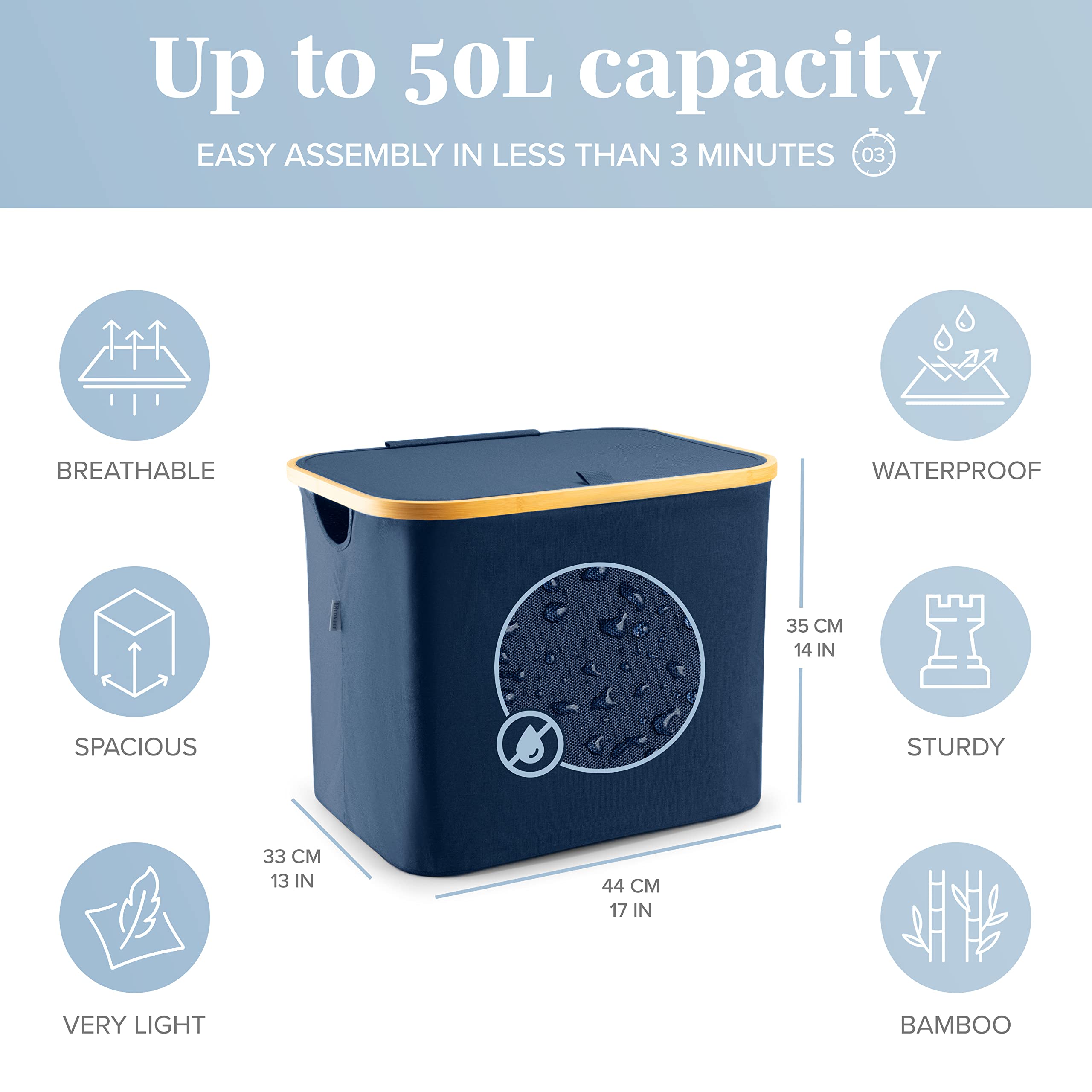 Lonbet - Small Laundry Hamper With Lid Cover - Bamboo Laundry Basket Organizer - Lightweight Collapsible Clothes Fabric Bin - Easy and Efficient Sorting - Removable Bags - 13.2 Gal. (1-2 Loads) - Blue