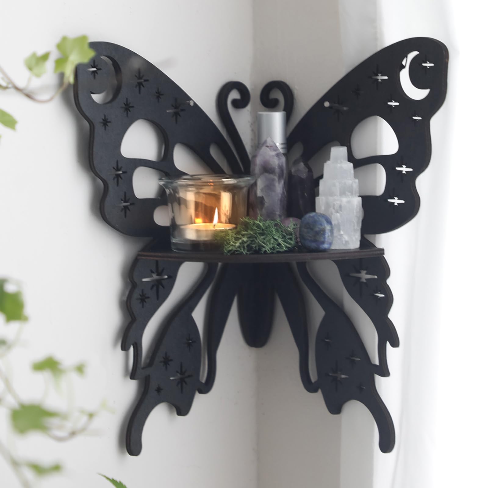 Artilady Butterfly Crystal Shelf - 2 PCS Black Wall Corner Shelf Crystal Display Shelf Floating Shelves for Bedrooms Boho Cute Bathroom Kitchen Office Living Room Decor Aesthetic Witchy Gift