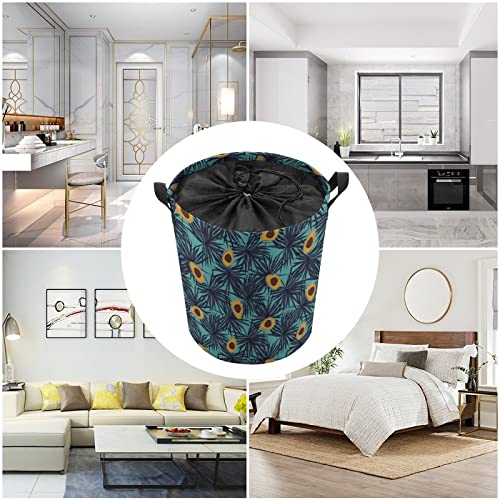 Avocado and Leaves Laundry Basket Round Collapsible Storage Bin with Drawstring and Handle for Bedroom Bathroom Toys Room 17.3" X 13.8"