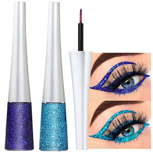 evpct 2Pcs Dark Light Royal Blue Color Liquid Glitter Eyeliner Sets Eyeliner Glitter Liquid Liners for Women Liquid Sparkly Glitter Eyeliner delineador con glitter de colores para ojos colores 03+12