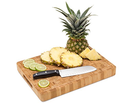 End Grain Wood Bamboo Cutting Board for Kitchen, Commercial Use - Extra Large, Thick Butcher Block with Juice Groove, Handles, and Non-Slip Feet for Chopping Veggies, Carving Meat, Bread and Cheese