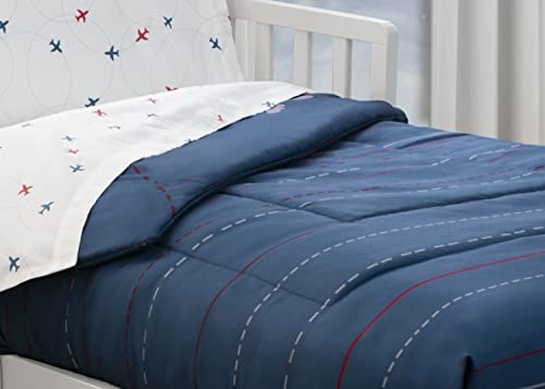 Delta Children 4 Piece Toddler Bedding Set for Boys - Reversible 2-in-1 Comforter - Includes Fitted Comforter to Keep Little Ones Snug, Bottom Sheet, Top Sheet, Pillow Case - Airplane Flight Plan