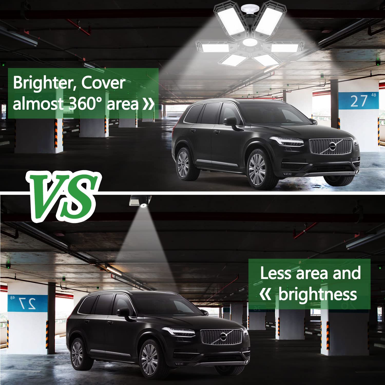 AILUKI LED Garage Light 2 Pack 160W E26 1600LM Deformable Led Garage Ceiling Lights 6500K Daylight White with 6 Adjustable Panels for Garage, Barn, Workshop,Warehouse