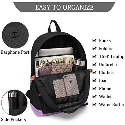 Backpack for Teen Girls, Vaschy Unisex Classic Water Resistant School Backpack Fits 15Inch Laptop (Black Purple)