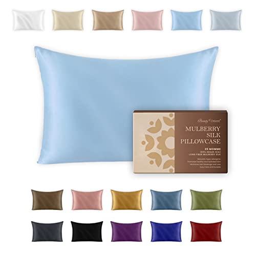BEAUTY OF ORIENT - 25 Momme, 100% Pure Mulberry Silk Pillowcase for Hair and Skin, Natural Hypoallergenic Silk Pillow Case, Best for Beauty Body and Sleep (Queen - 20" x 30", Frosty Blue)