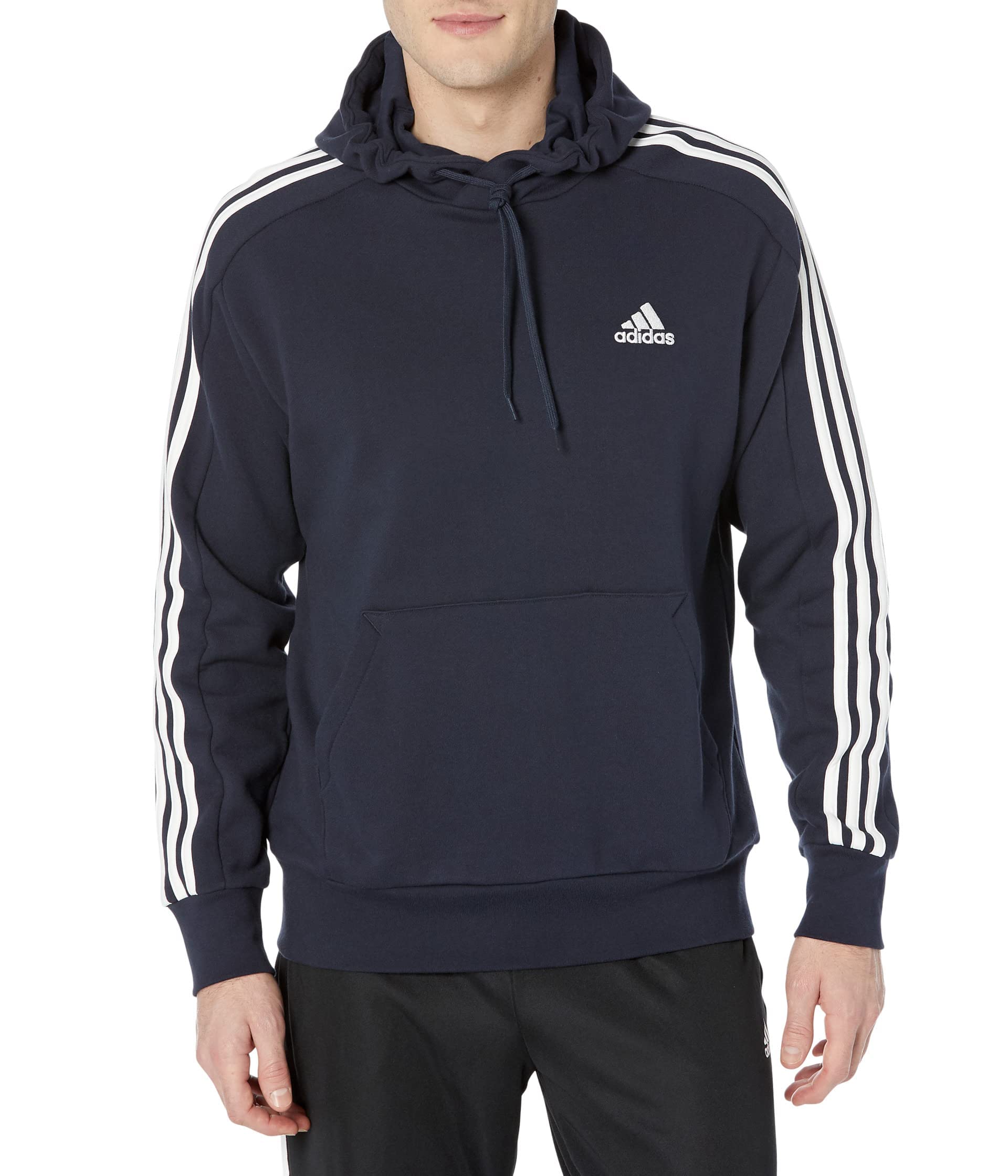 adidas Men's Essentials French Terry 3-Stripes Hoodie, Ink/White, Medium