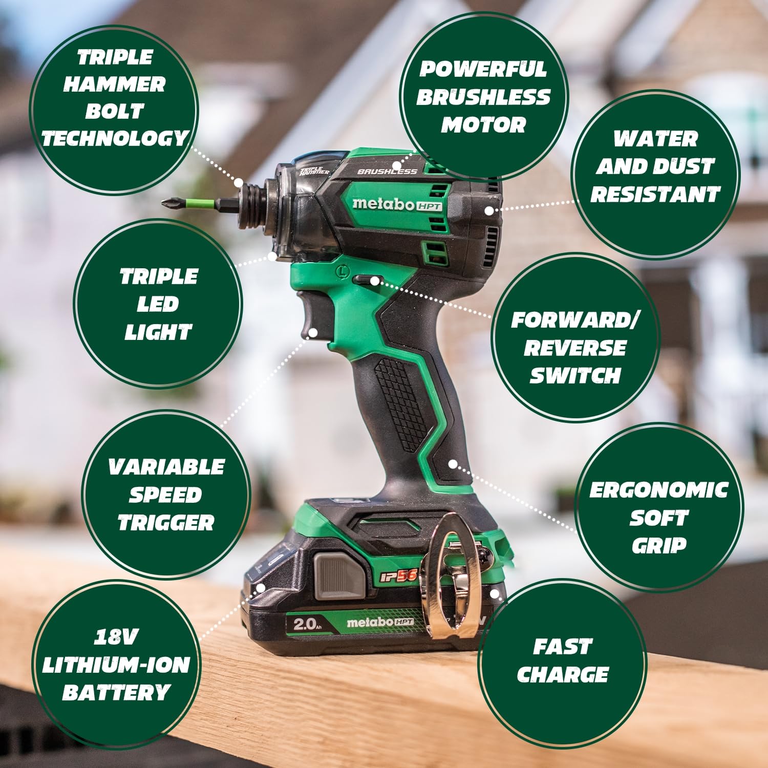 Metabo HPT 18V MultiVolt™ Cordless Triple Hammer BOLT Impact Driver Set, Power Impact Driver Kit with Case, 2 Lithium-Ion Batteries and Charger, 1/4-Inch Chuck, Compact LightWeight Power Tool, WH18DC