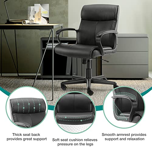 Executive Office Chair - Ergonomic Mid-Back Home Computer Desk Chair with Lumbar Support, PU Leather, Adjustable Height & Swivel