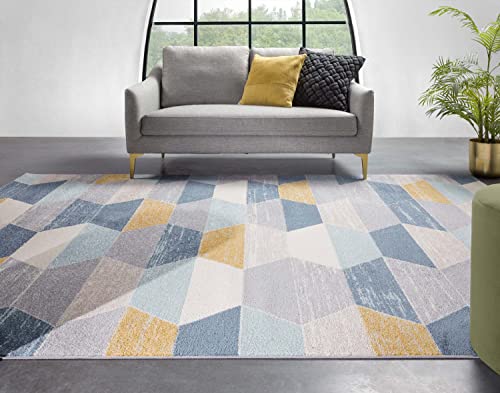Well Woven Everleigh Honeycomb Hexagon Geometric Blue, Mustard Gold, Grey Area Rug 8x11 (7'10" x 9'10")