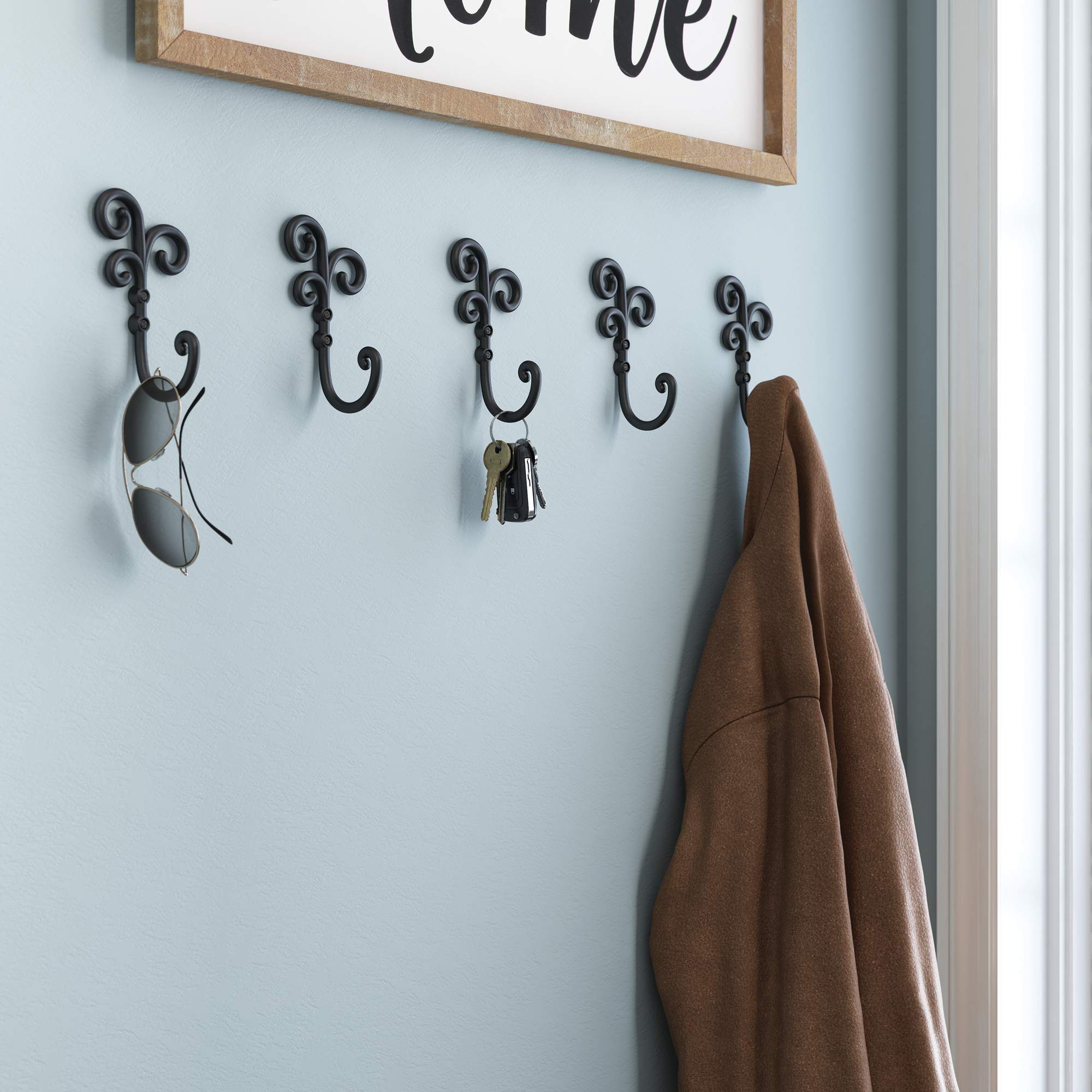 Franklin Brass Curlique Hook Wall Hooks 5-Pack, Flat Black, CURL5PK-FB-R
