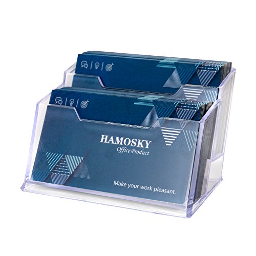 Hamosky Business Card Case Holder, 2 Tier Clear Business Card Holder Display, Plastic Business Card Stand Business Card Organizer for Office(1 Pack)