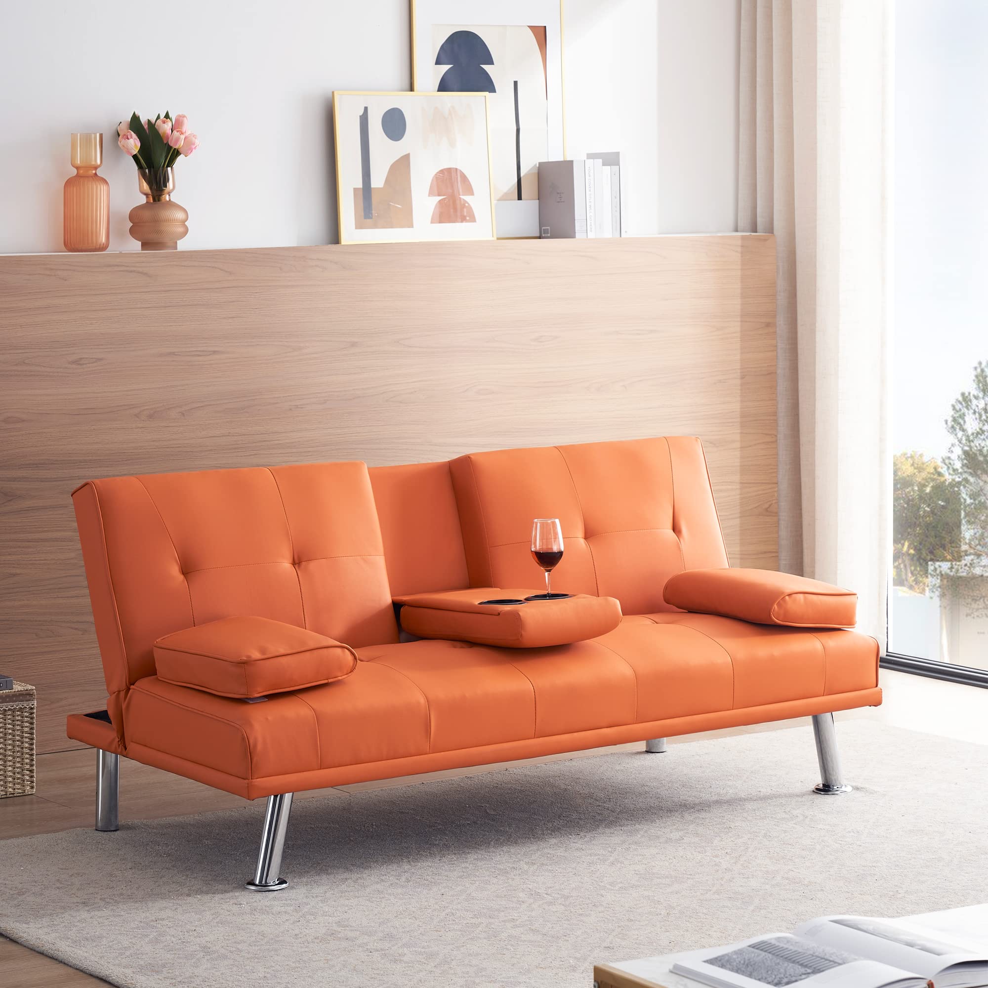 Anwickhomk 67" Multifunctional Double Folding Sofa Bed with 2 Cup holders,Leather Couch Loveseat Sleeper with Removable Armrests,Convertible Folding Couches Bed for Office Small Spaces (Orange)