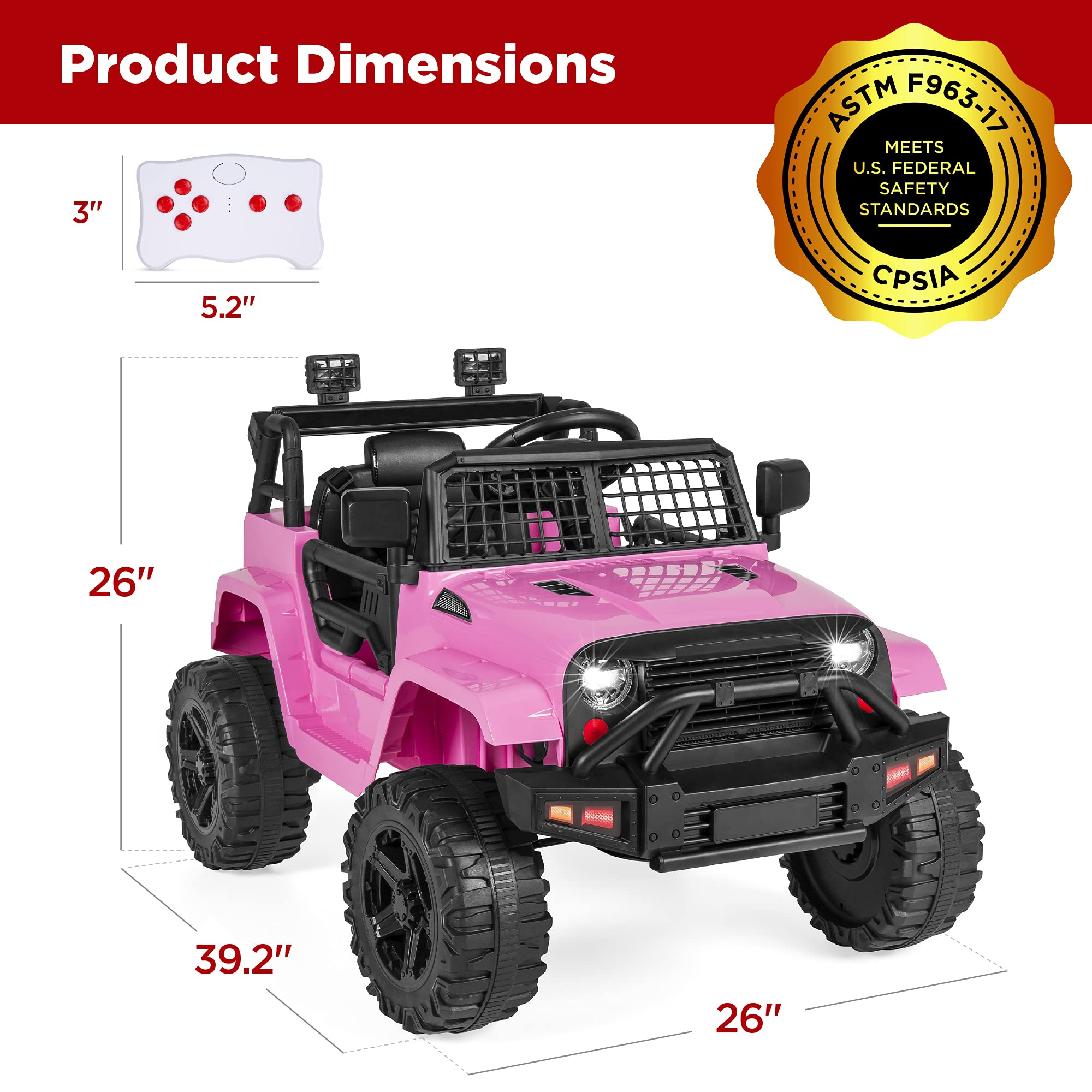 Best Choice Products 12V Kids Ride On Truck Car w/Parent Remote Control, Spring Suspension, LED Lights, AUX Port - Pink