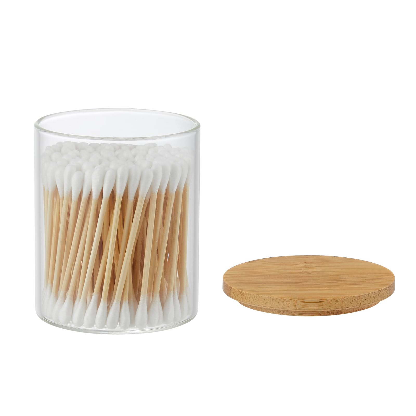 INIUNIK 3 Pack Glass Qtip Holder Bathroom Set, Clear Apothecary Jars with Lids, Cotton Ball Swab Round Holder Bathroom Essential Canisters Accessories for Organization and Storage