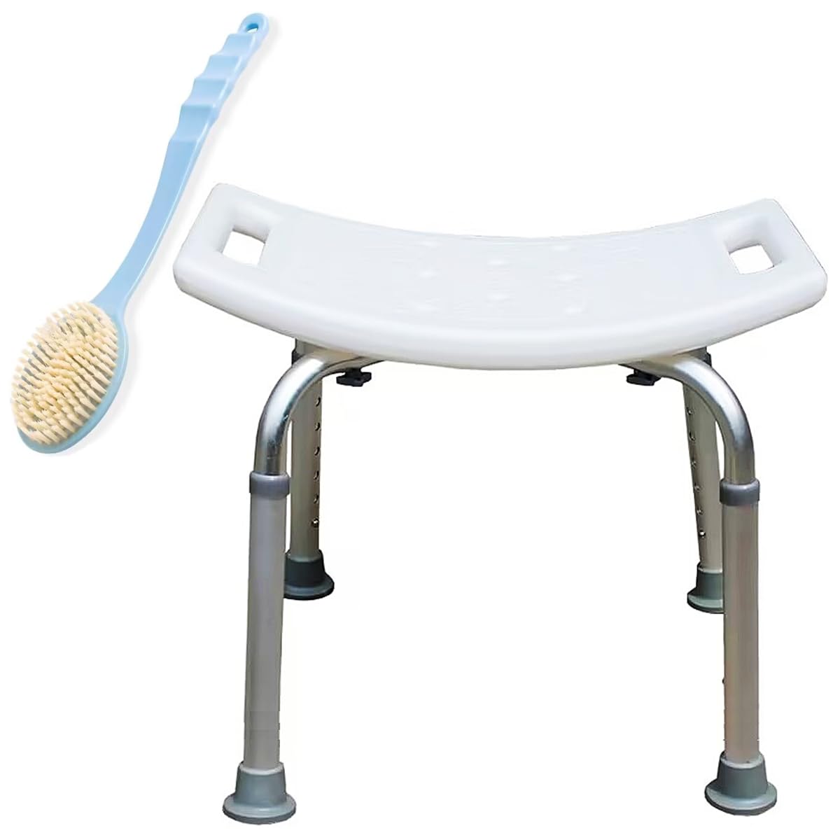 Bath Shower Safety Chair Seat with Bath Brush, Adjustable and Anti-Slip Bench Bathtub Stool for Elderly or Seniors (WhiteShowerChair-BathBrush)