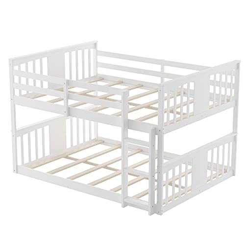 CITYLIGHT Floor Full Over Full Bunk Beds, Wooden Low Full Over Full Bunk Bed for Kids, Toddler Full Bunk Bed for Girls Boys Teens’ Bedroom or Dorm (Full,White)