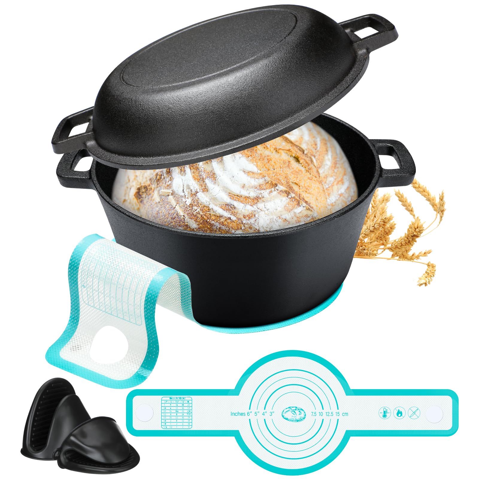 Jingmore 2 in 1 Cast Iron Bread Pan with Lid,10'' Cast Iron Dutch Oven for Bread Baking,5 QT Pot and 2 Quart Skillet Lid Pan with Dual Handles, Dutch Oven for Sourdough with Silicone Baking Mat