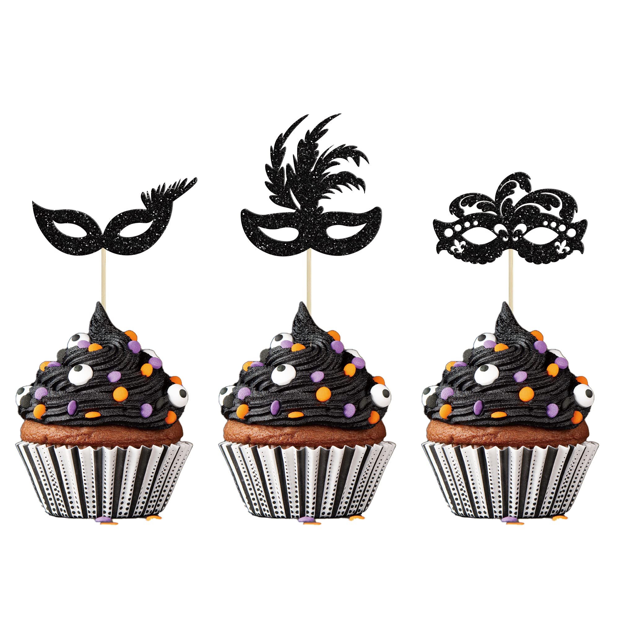 Gyufise 24Pcs Masquerade Masks Cupcake Toppers Glitter Bachelorette Party Mask Cupcake Food Fruit Picks Masquerade Mardi Gras Party Baby Shower Birthday Party Cake Decorations Black