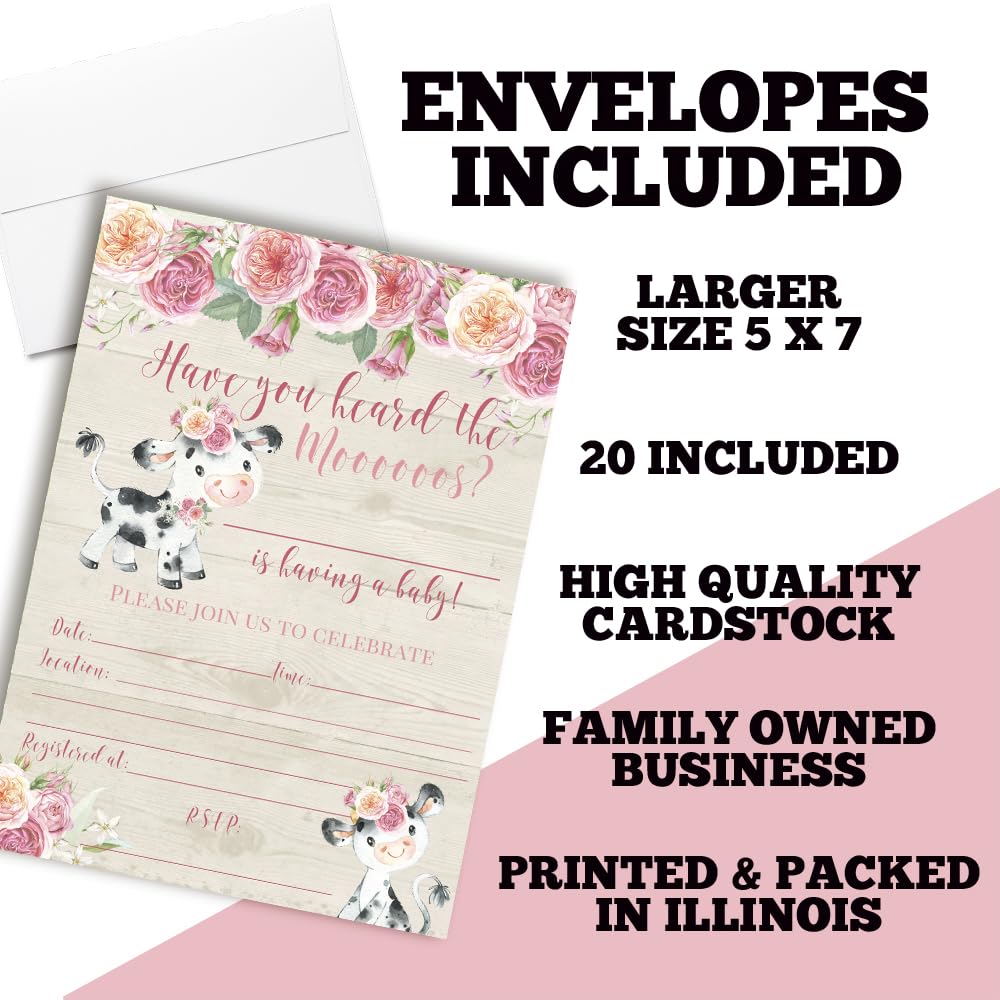 Watercolor Pink Floral Cow-Themed Baby Sprinkle Shower Invitations, 20 5x7 Fill In Cards with Twenty White Envelopes by AmandaCreation