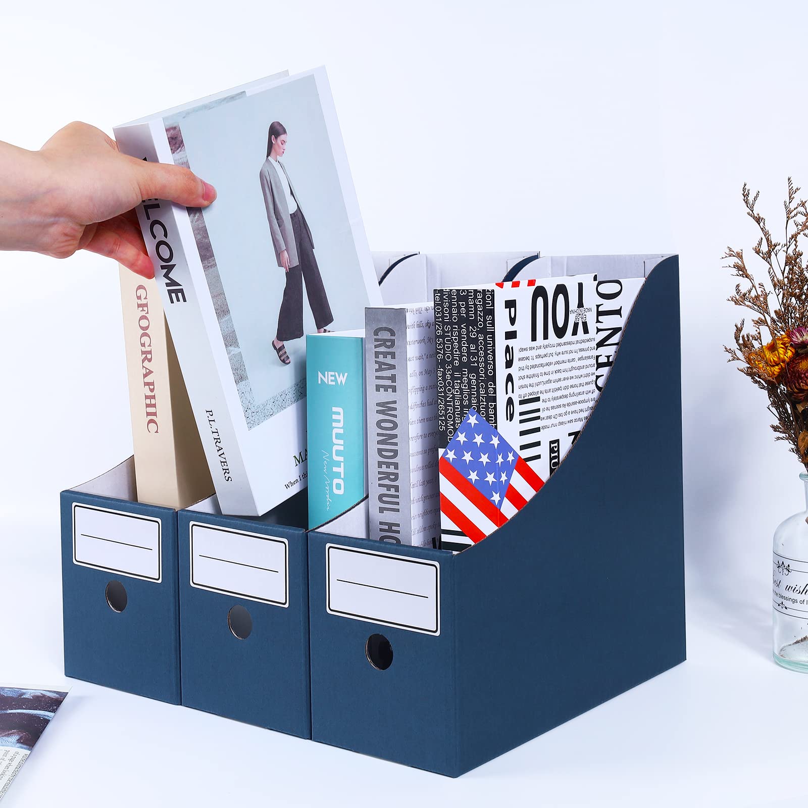 6 Pack Magazine File Holders, Cardboard Magazine Holder with Labels, Document Storage Organizer Box for Office School Home Hospital Desktop Storage, Blue