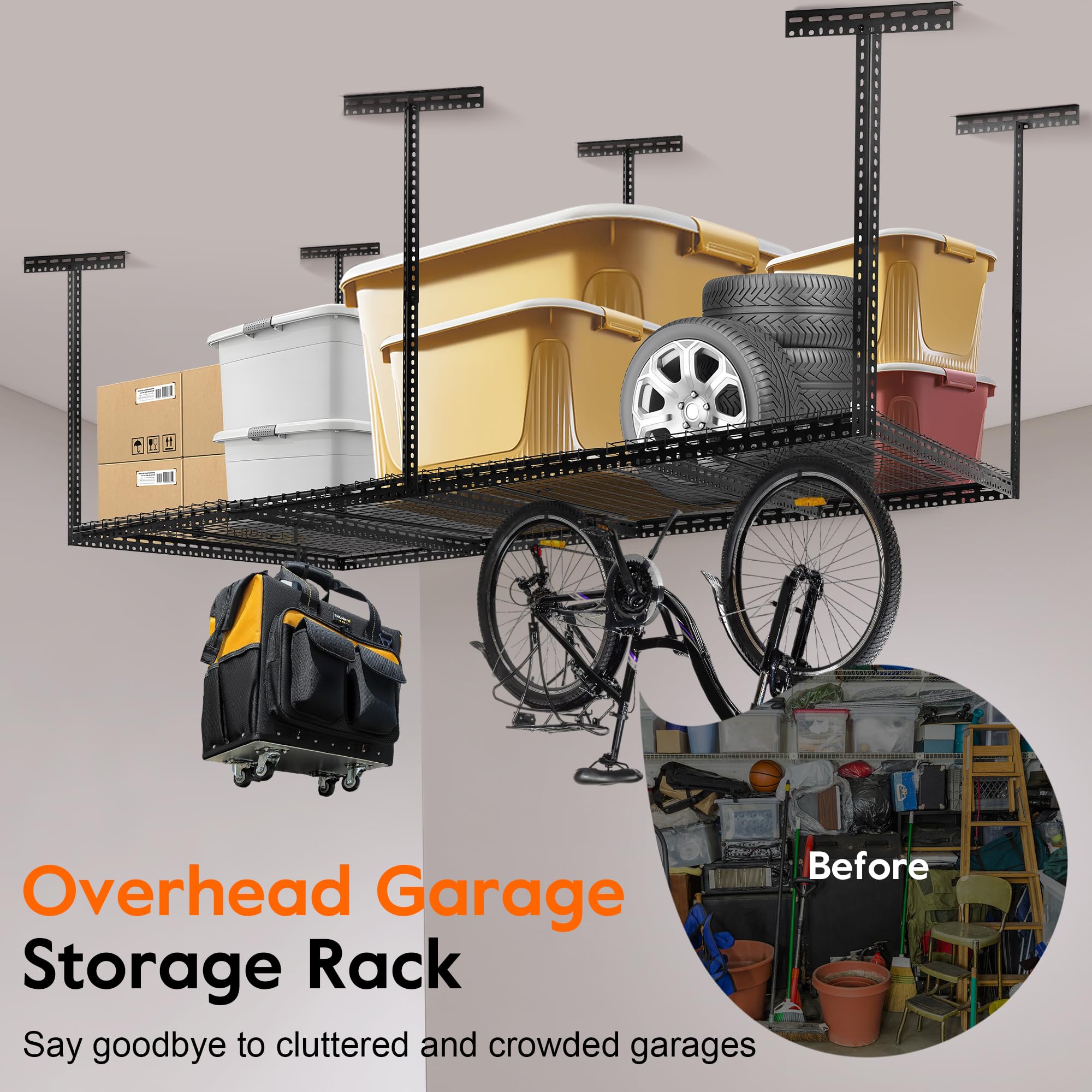 Rengue Overhead Garage Storage Rack, 4 x 8FT Height Adjustable Garage Ceiling Storage Racks, Heavy Duty Cold Rolled Steel Storage Rack for Garage, Warehouse with 4 Hooks