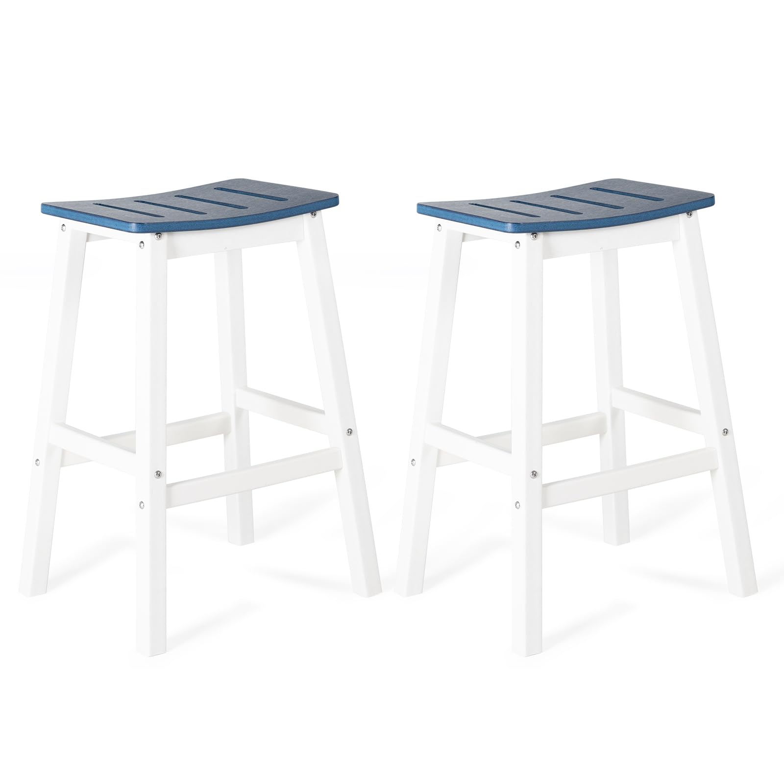 Aoodor Outdoor Bar Stools,Set of 2 Bar Chairs, 28 Inch HDPE Patio Counter Height Bar Stools with Footrest for Backyard, Garden, Lawn and Patio - Navy Blue and White