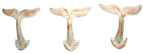 Rustic White Cast Iron Whale Tail Wall Hooks, 4 1/2 Inches, Set of 3
