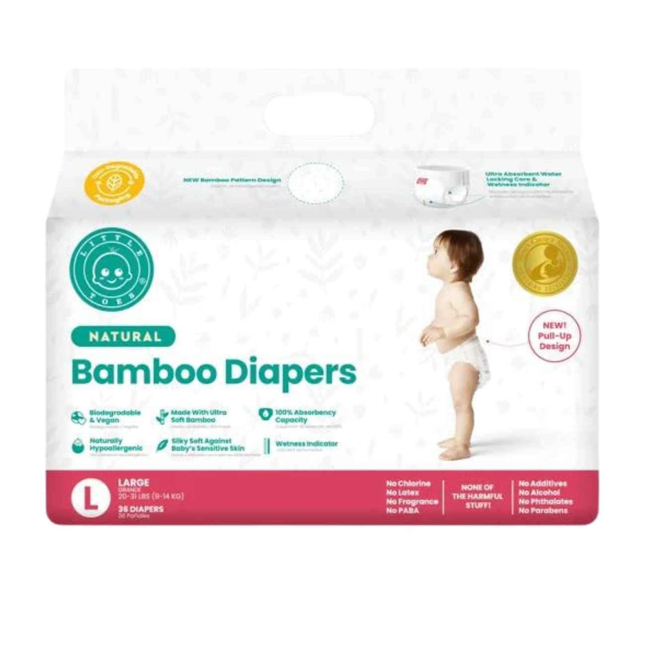 Little Toes Patented Natural Disposable Viscose Diapers ǀ Day and Overnight Diapers ǀ Sustainable ǀ Size 4 Large ǀ 36 Pack
