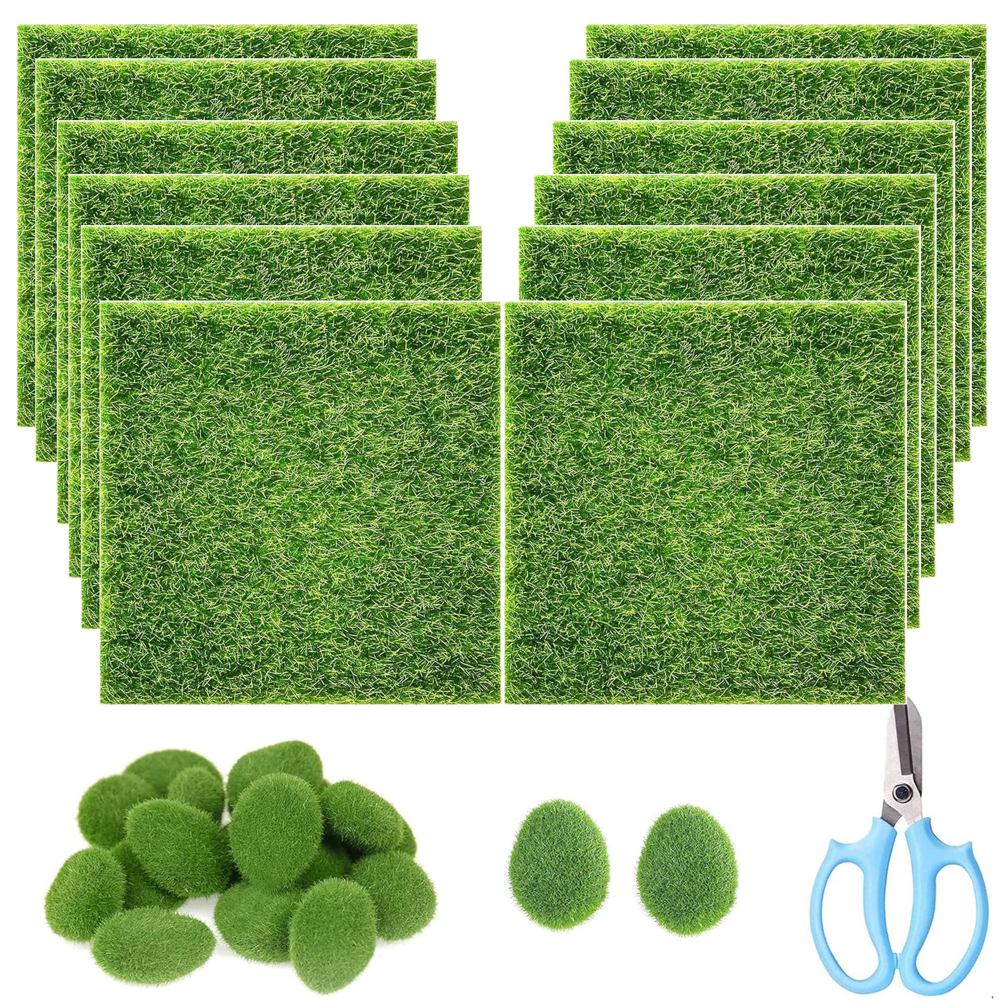 Cayway 28 PCS Artificial Garden Grass and Artificial Moss Rocks Decorative Set, 5.9 x 5.9Inch 12 PCS Fairy Artificial Grass and 15 PCS Green Moss Balls, Floral Scissors for Decoration, Fairy Gardens