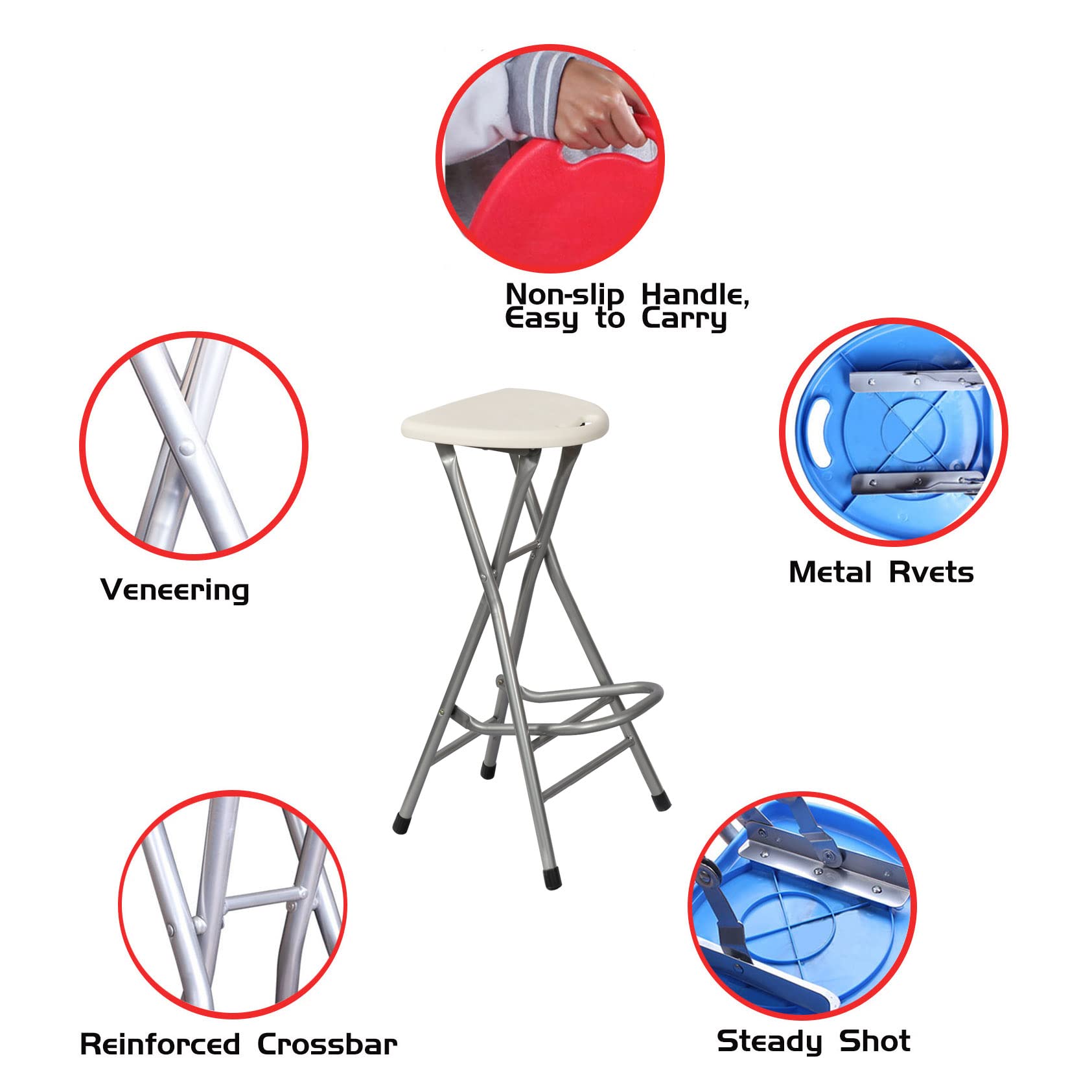 Folding Stools for Adults Portable, 28 inch Collapsible Stool Heavy Duty, Indoor Tall Bar stools with Handle, Plastic Counter Barstool Chair for Kitchen Outdoor Travel-White H72xW31cm(28x12inch)
