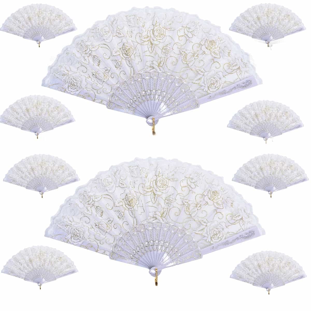 Aebor 10 Pieces Fabric Folding Fans, Folding Hand Fans, Elegant Vintage Retro Flower Rose Lace Handheld Chinese Folding Fan for Women Hand Craft (White)