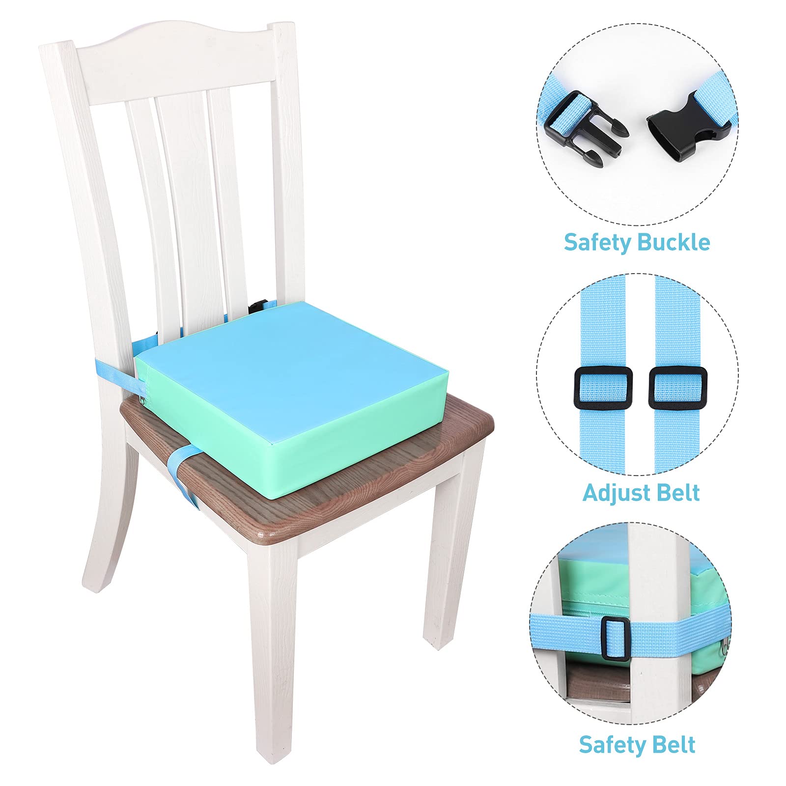 Toddler Booster Seat for Dining Table, Double Safe Adjustable Straps Portable Booster Seat Dining Table, PU Washable Kids Booster Seats, Portable Travel Increasing Cushion Booster Seat (Blue)